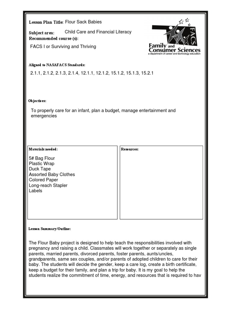 Flour Sack Baby Lesson Plan For Moodle | PDF