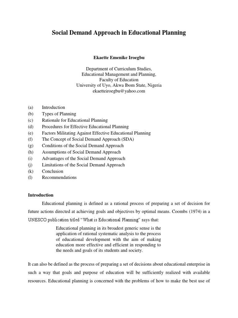 Social Demand Approach in Educational Planning: Ekaette Emenike Iroegbu ...