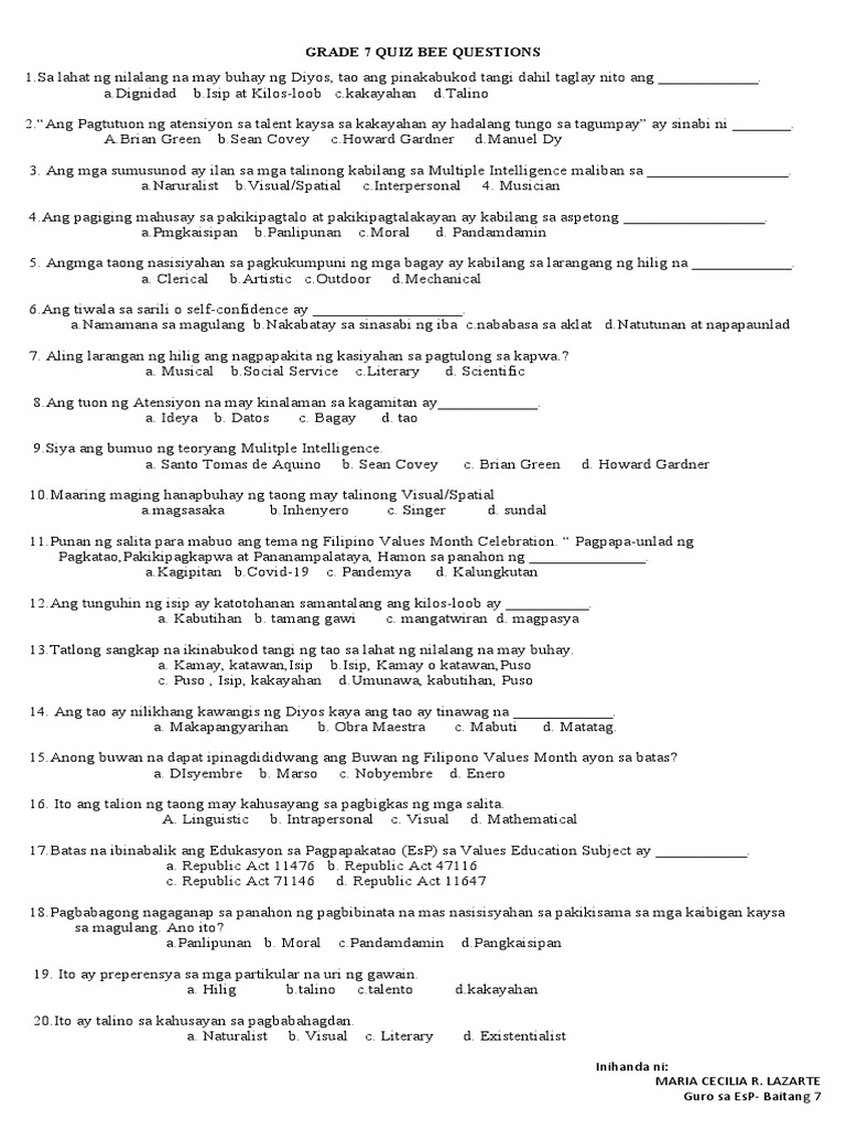 Grade 7 Quiz Bee Questions | PDF