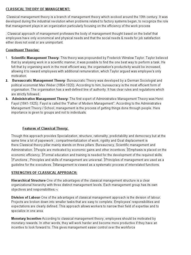 Classical Theory of Management | PDF | Employment | Leadership