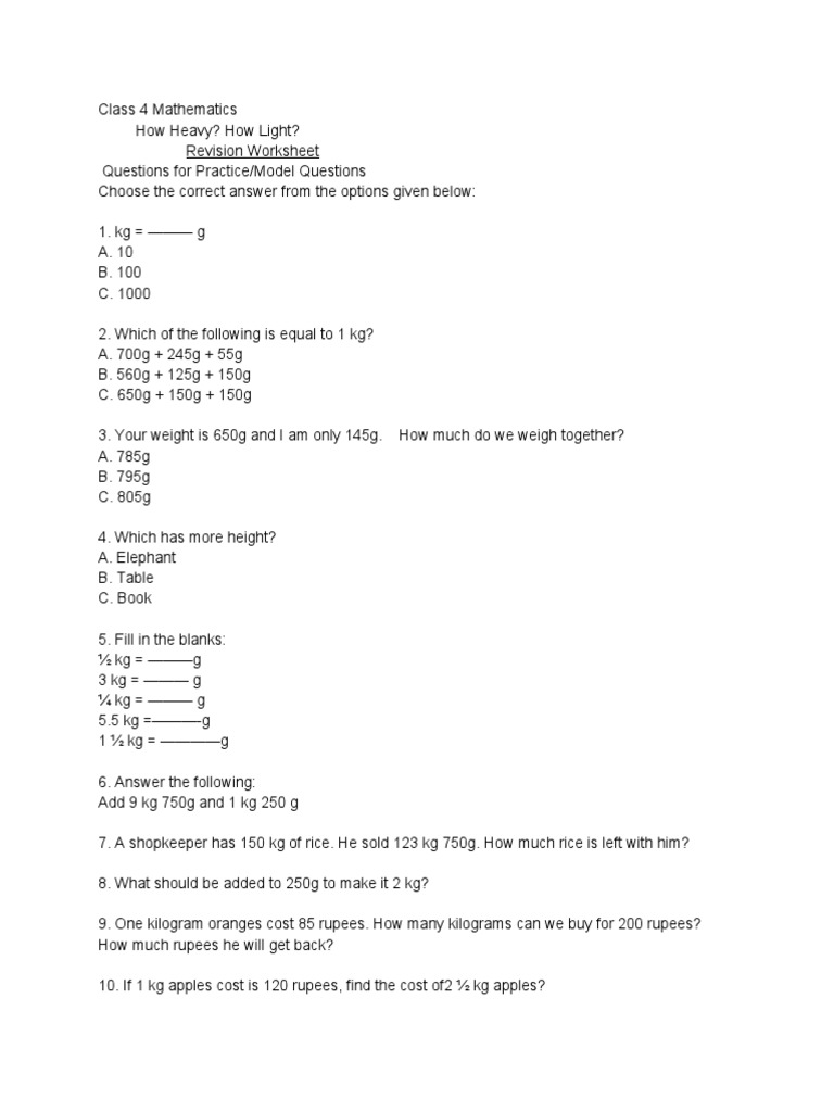 Class 4 Weight Revision Worksheet | PDF | Cooking, Food & Wine