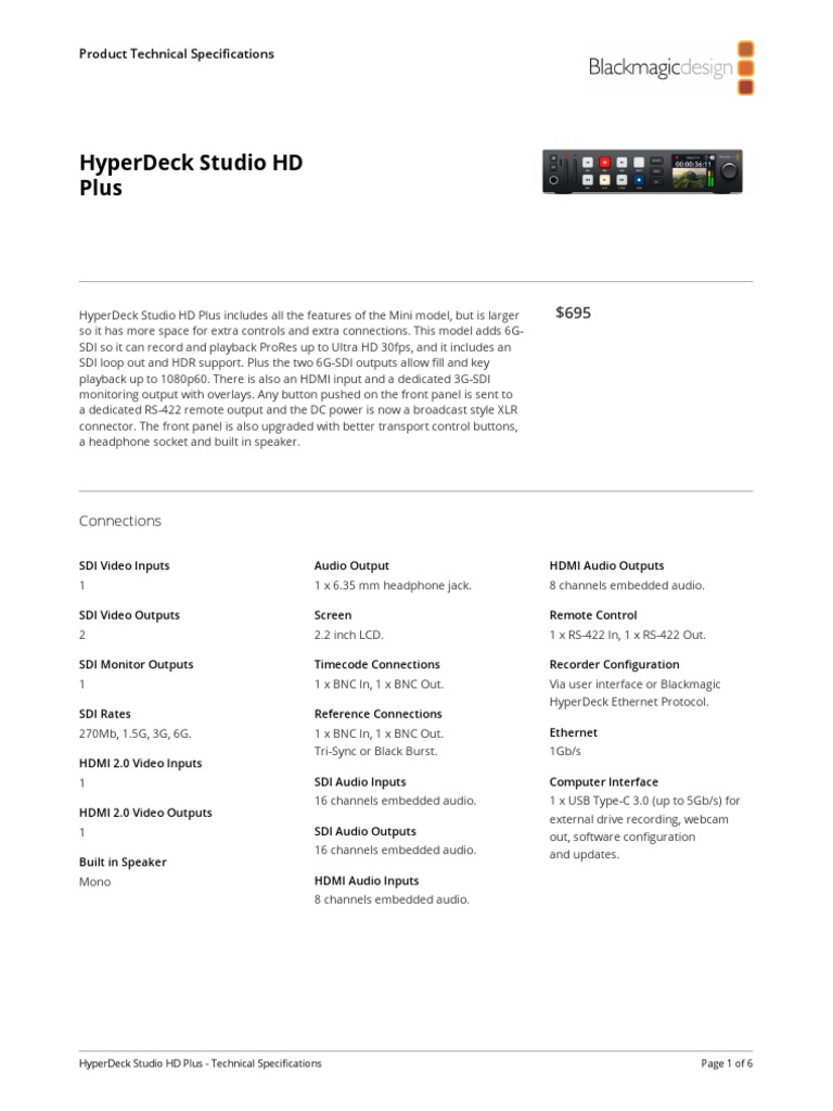Hyperdeck Studio HD Plus: Product Technical Specifications | PDF | Hdmi | Video