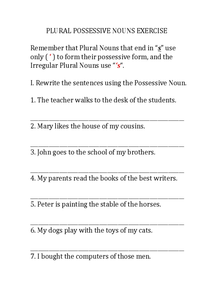 Plural Possessive Nouns Exercise | PDF