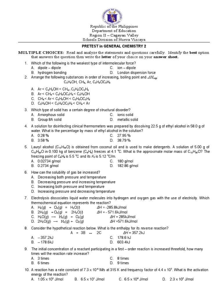 Pretest in General Chemistry 2 MULTIPLE CHOICES: Read and Analyze The ...