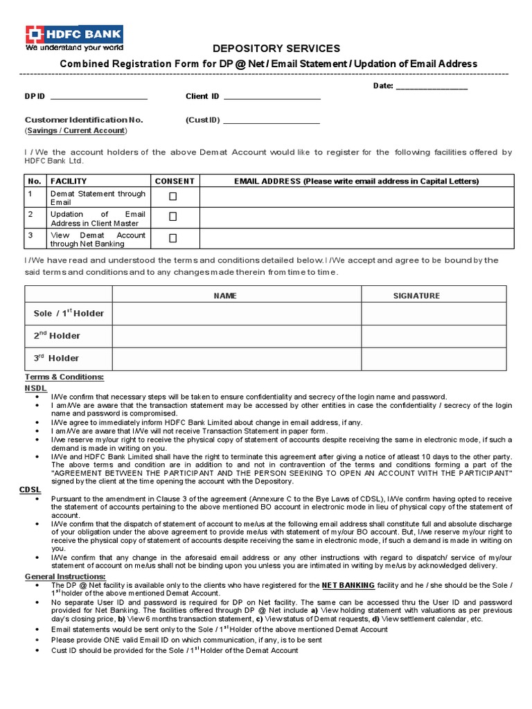 Depository Services Combined Registration Form For DP at Net / Email ...