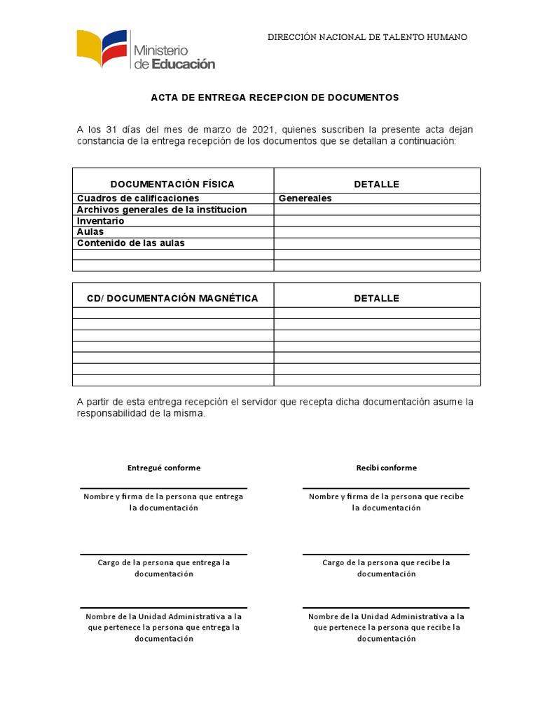 Acta de Entrega Recepcion de Documentos: Recibí Conforme Entregué ...