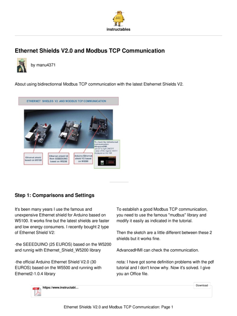 Ethernet Shields V2.0 and Modbus TCP Communication: Step 1: Comparisons and Settings | PDF ...