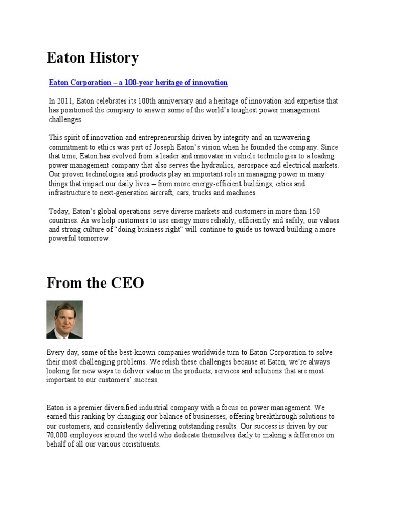 Eaton History: Eaton Corporation - A 100-Year Heritage of Innovation | PDF