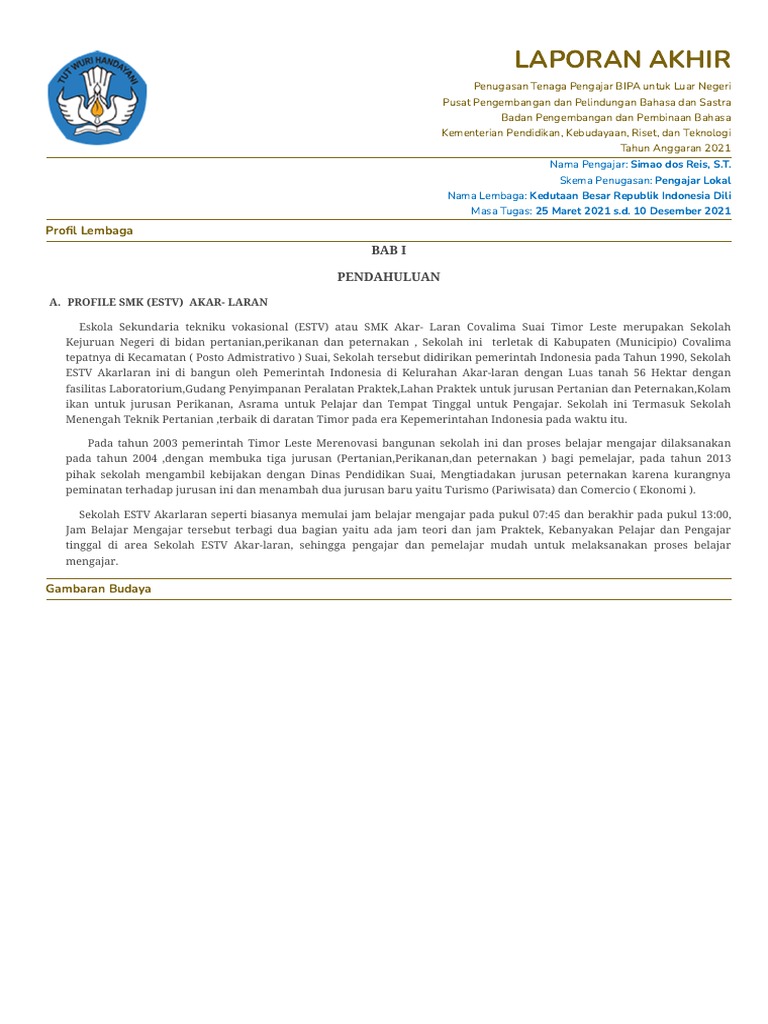 Laporan Penugasan BIPA Daring 2021 | PDF