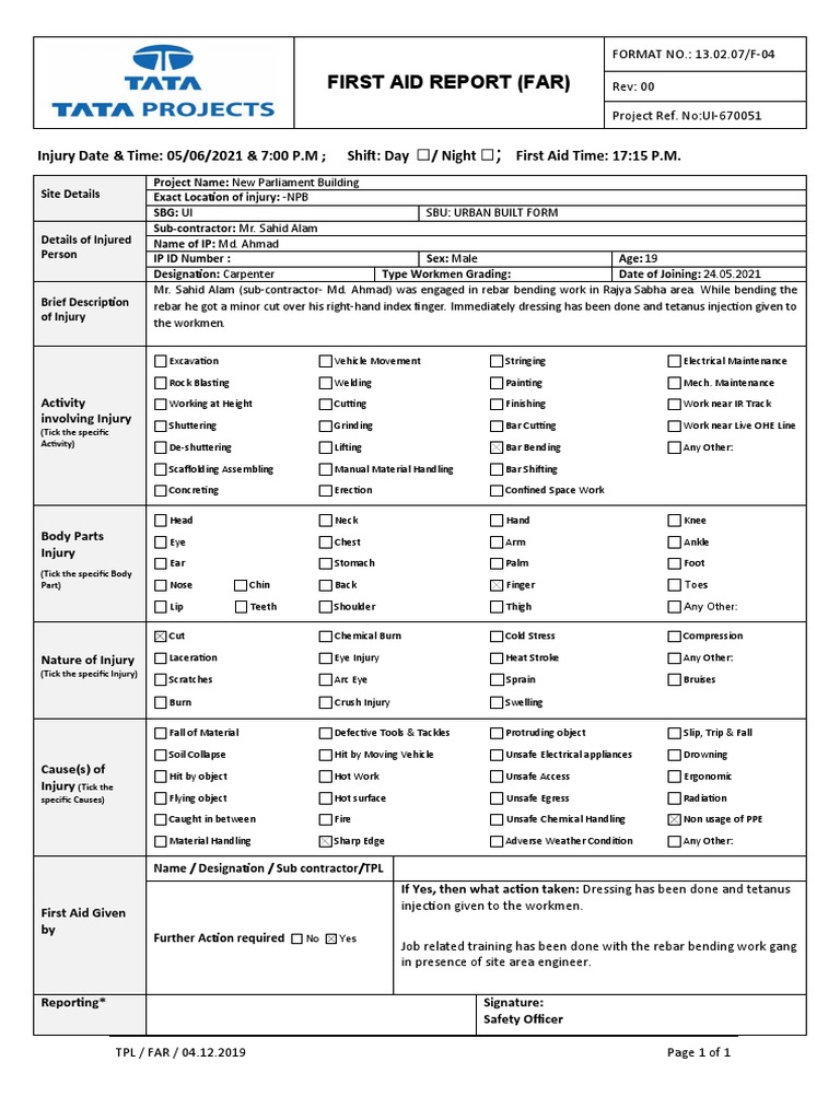 First Aid Report Dated - 05.06.2021 | PDF
