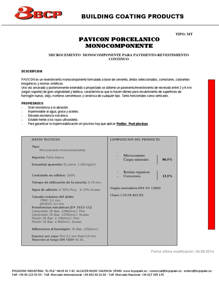 Ficha Tecnica Pavicon Porcelanico Microcemento | PDF | Hormigón ...