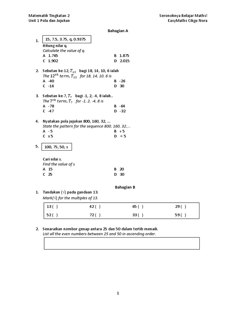Maths Form 2 Bab 1 Pola Dan Jujukan | PDF