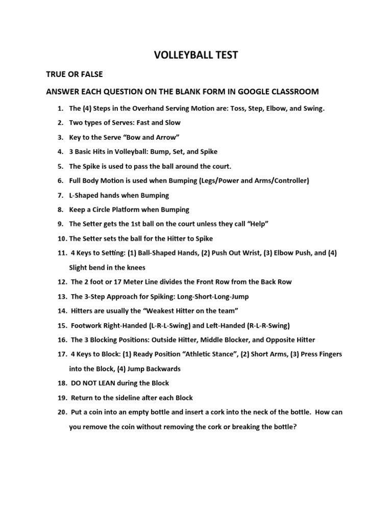 Volleyball Skills Test: True or False | PDF