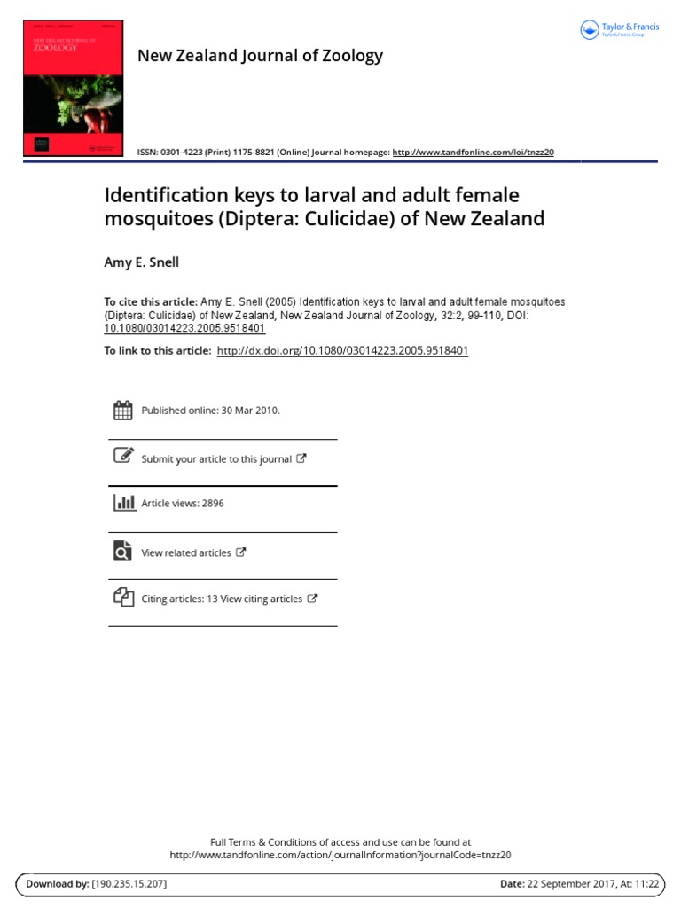 Identification Keys To Larval and Adult Female Mosquitoes Diptera ...