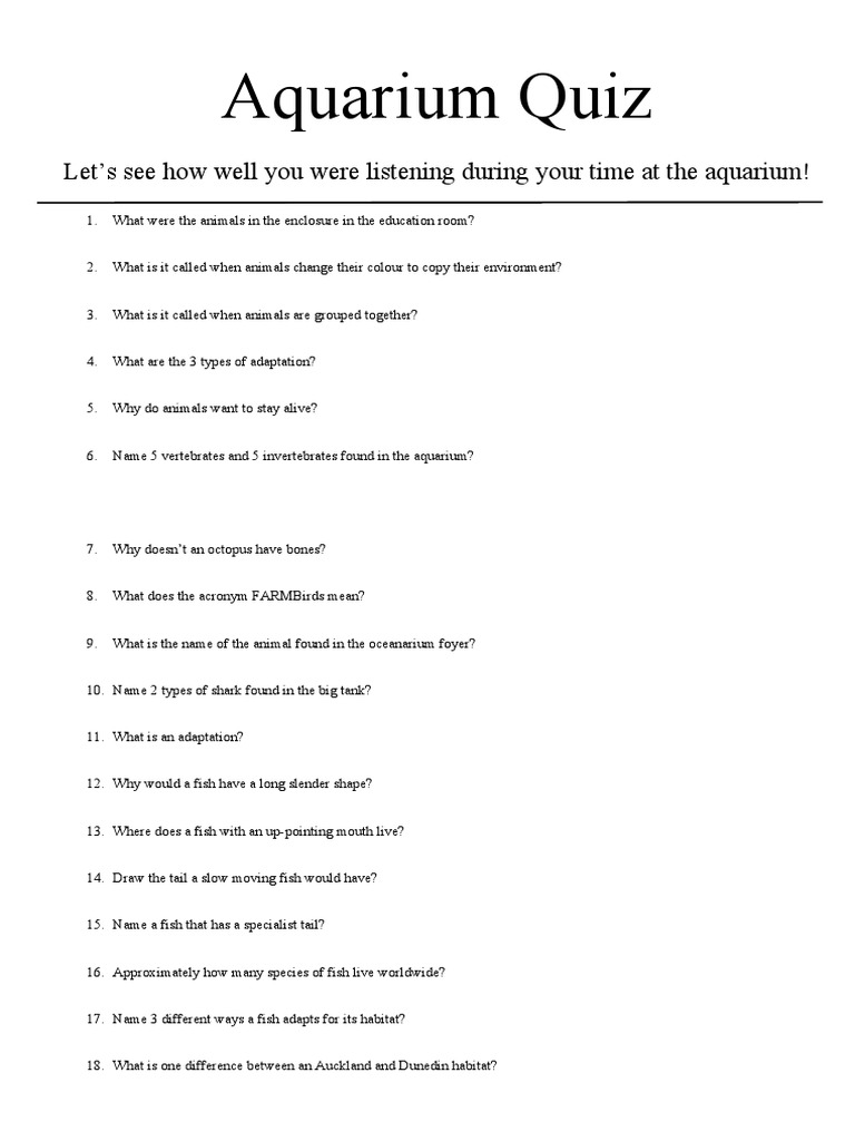 Aquarium Knowledge Quiz | PDF