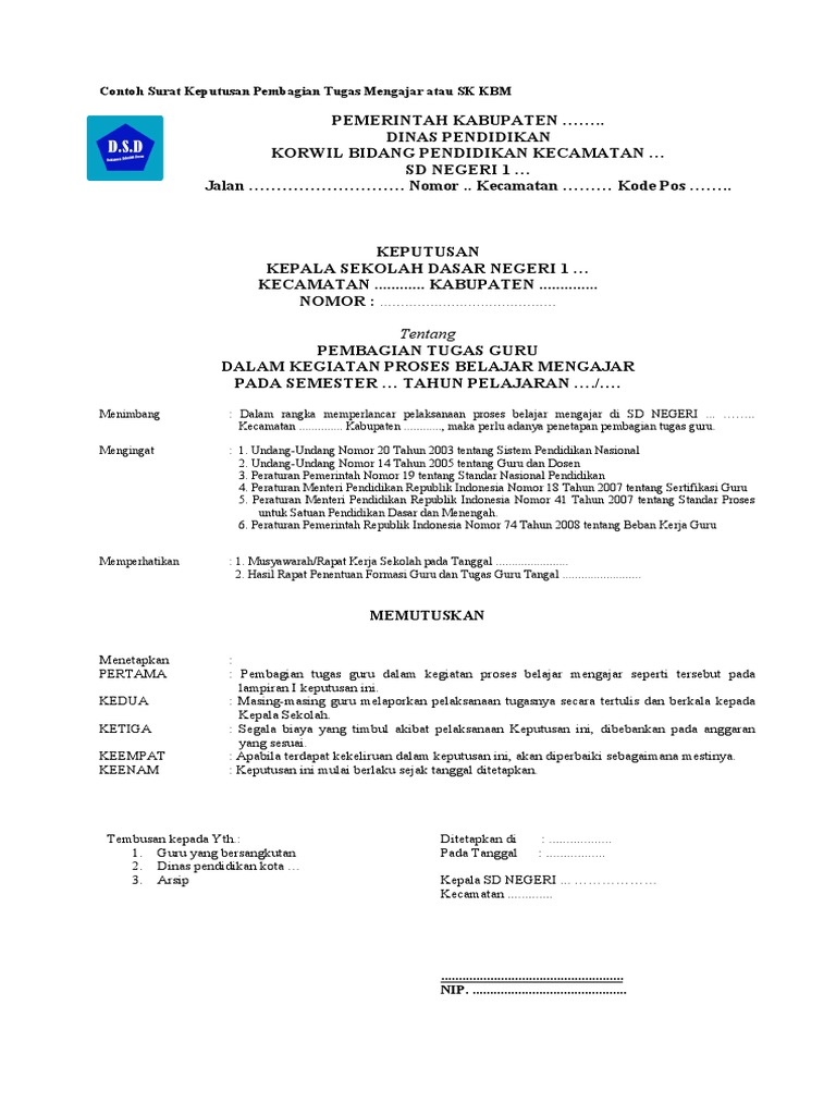 Contoh Surat Keputusan Pembagian Tugas Mengajar Atau SK KBM | PDF