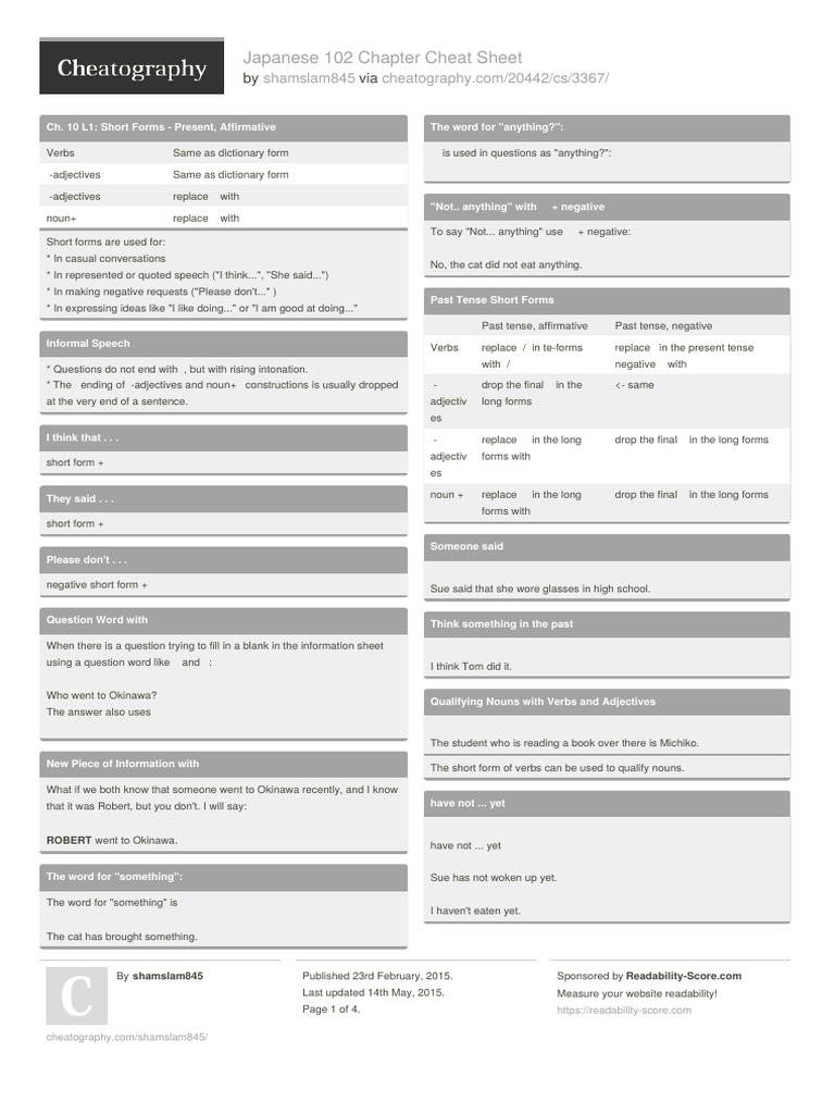 Japanese Grammar Cheat Sheet | PDF | Verb | Grammatical Tense