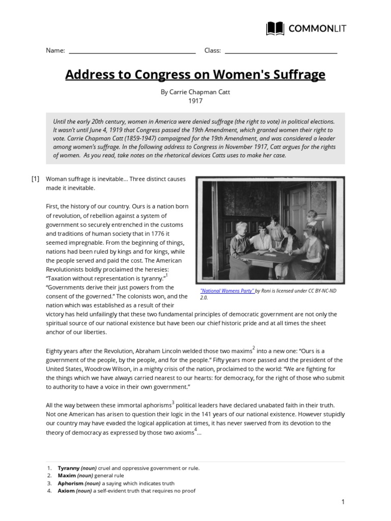 Address To Congress On Women's Suffrage: Name: Class | PDF | Suffrage ...