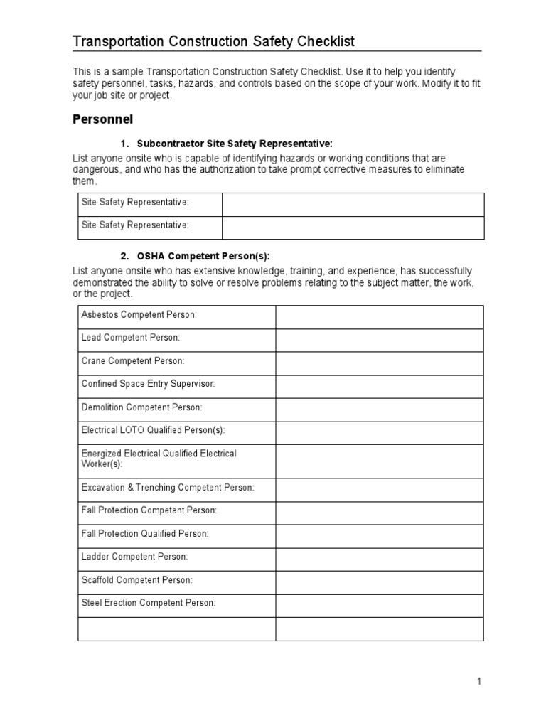 Transportation Construction Safety Checklist: Personnel | PDF ...