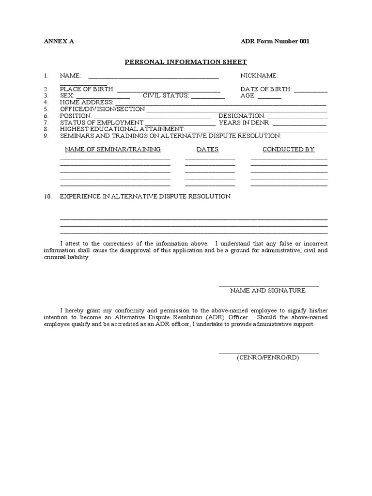 ADR Form No. 1 ANNEX A | PDF | Alternative Dispute Resolution | Justice