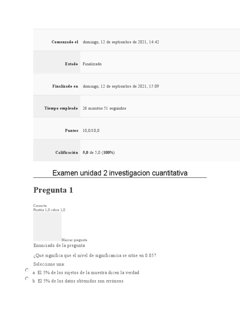 Examen Unidad 2 Investigacion Cuantitativa | PDF | Prueba (evaluación) | Experimentar