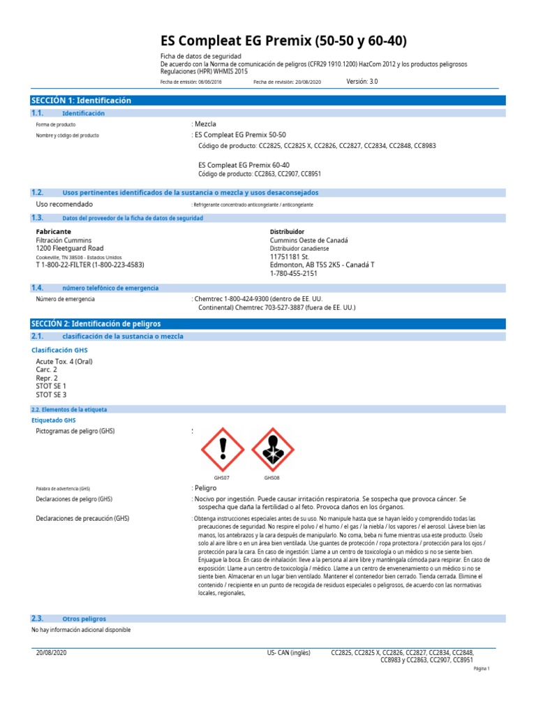 SDS - Es Compleat Eg Premix | Descargar gratis PDF | Agua | Toxicología