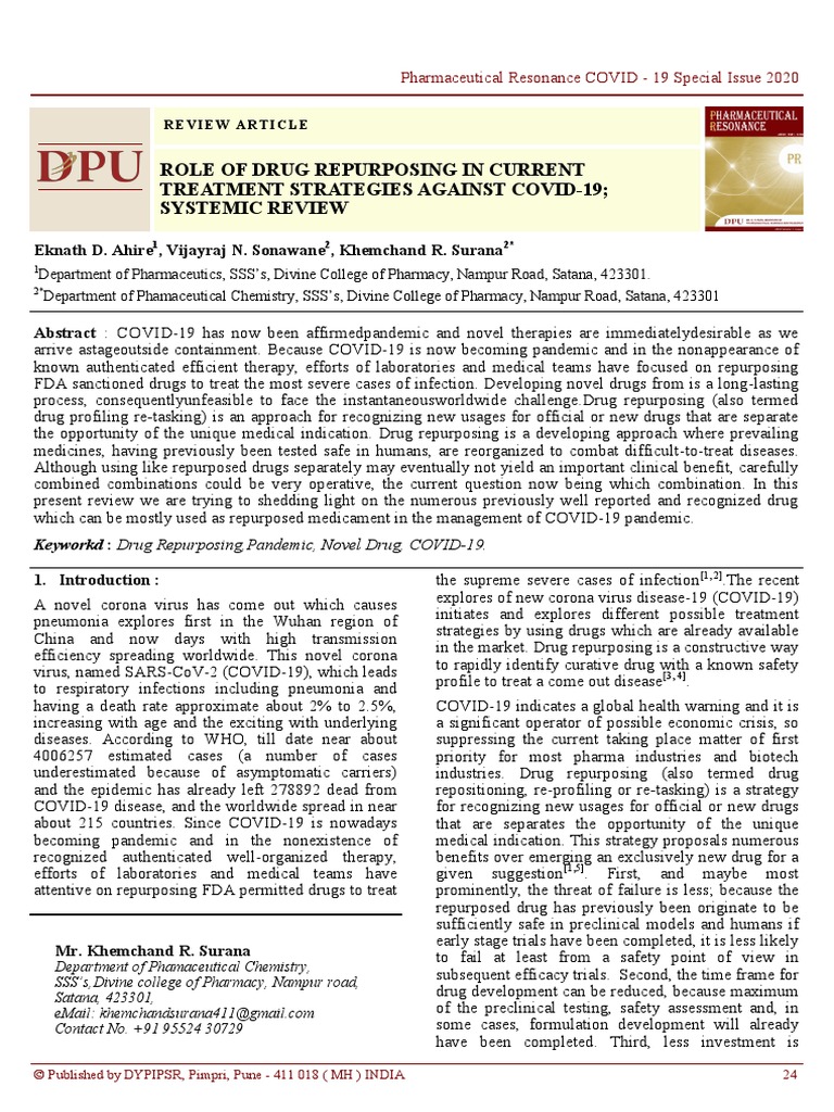Role of Drug Repurposing in Current Trea | PDF | Antiviral Drug | Virus