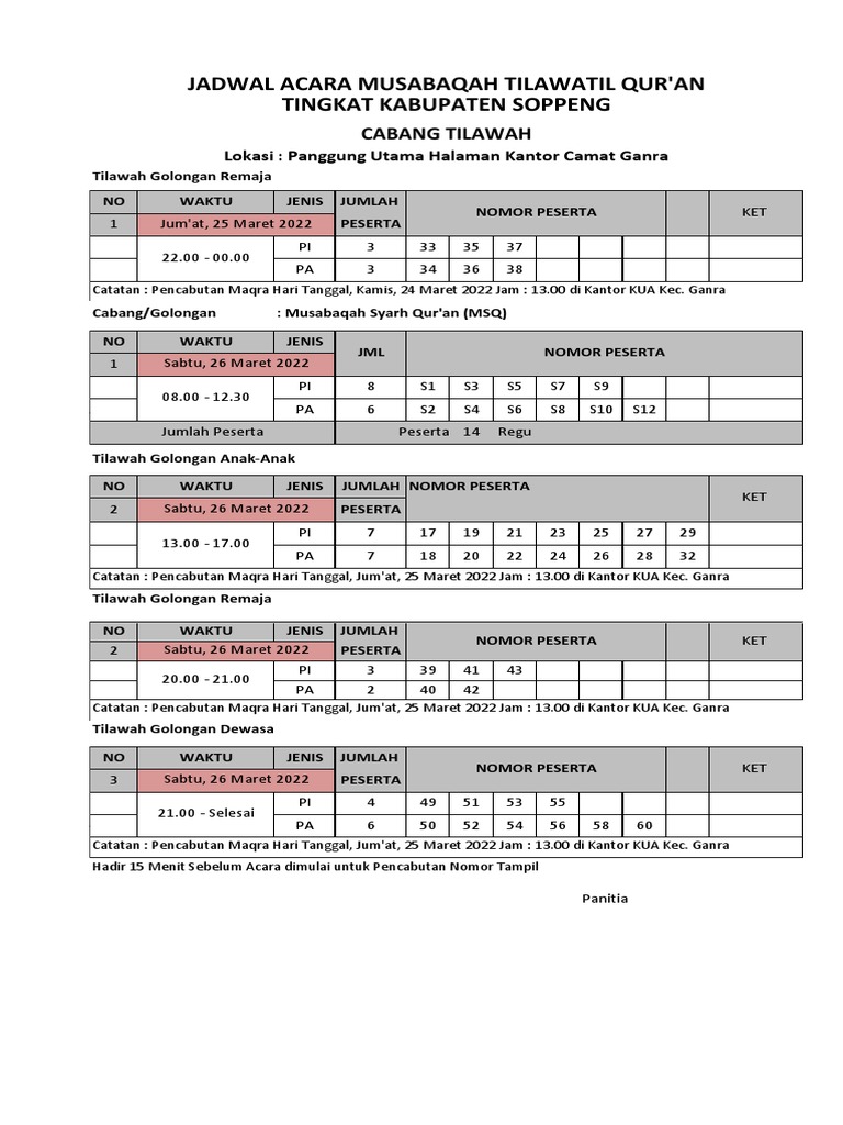 Jadwal Lomba MTQ 2022 Fix | PDF