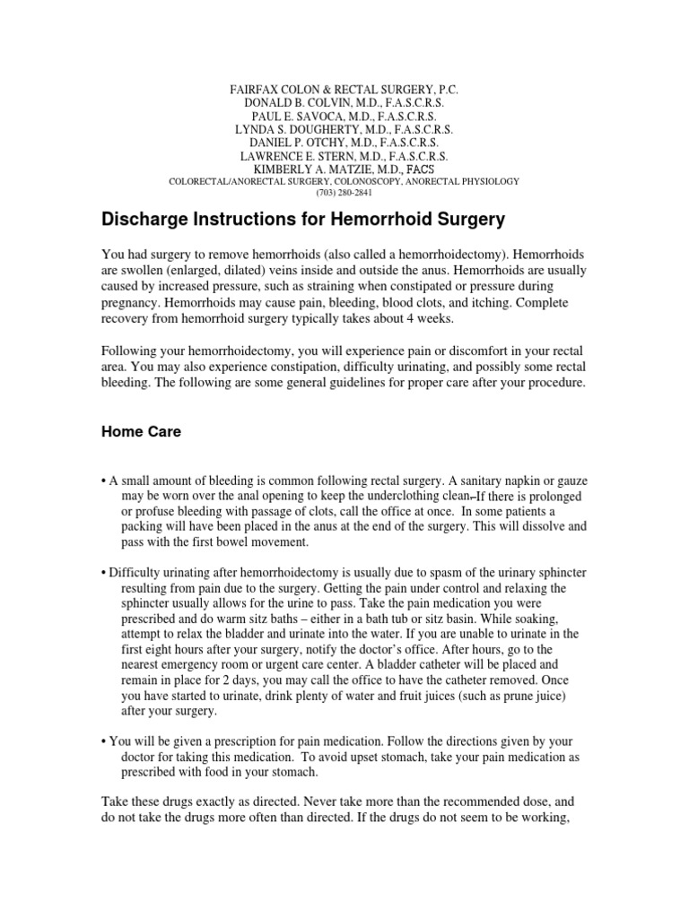 Discharge Instructions For Hemorrhoid Surgery: Home Care | PDF ...