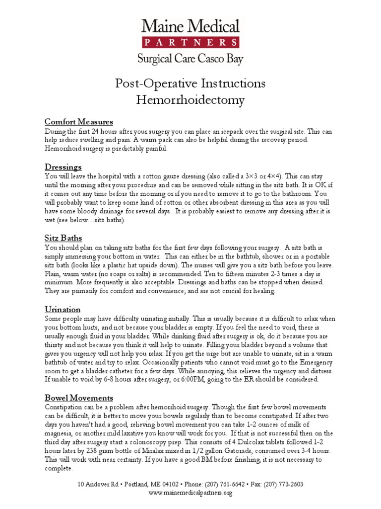 Post-Operative Instructions Hemorrhoidectomy: Comfort Measures | PDF ...
