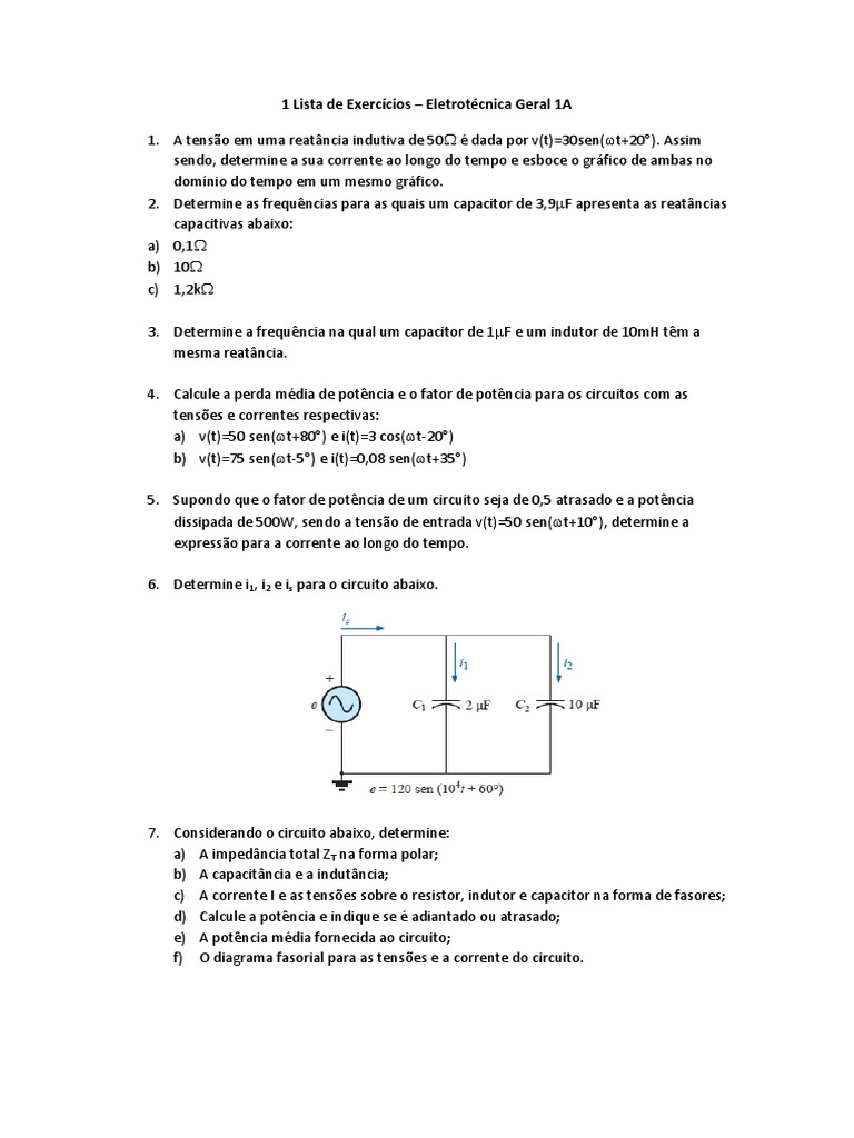 1 Lista de Exercícios Eletrotécnica Geral 1A | PDF