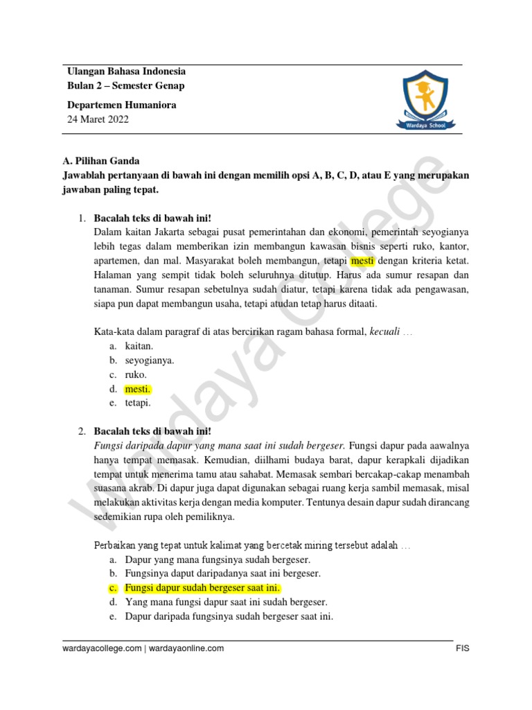 Ulangan 2 SMA Wardaya | PDF
