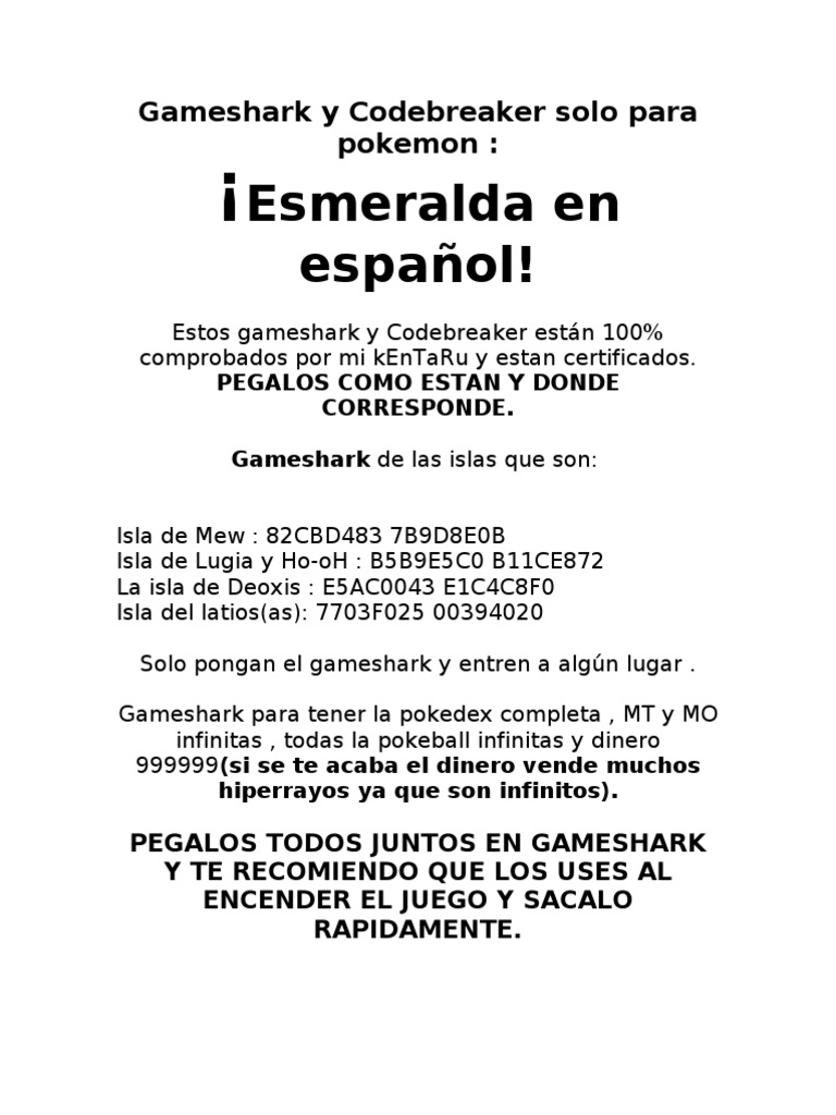 Gameshark y Codebreaker para Pokemon Esmeralda en Español | PDF | Pokémon | Mitologia Artificial