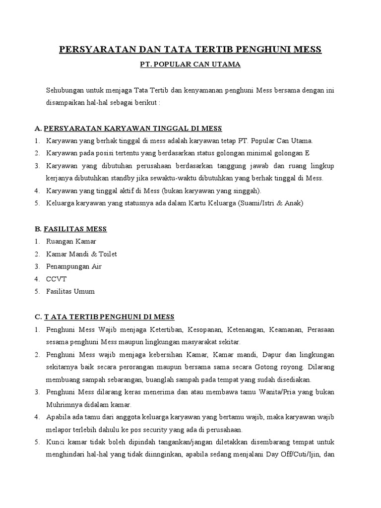Persyaratan Dan Tata Tertib Penghuni Mess: Pt. Popular Can Utama | PDF