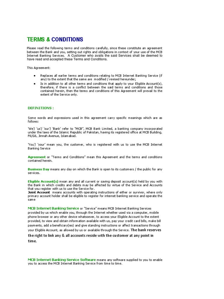 MCB Internet Banking - TCs (Final) | PDF | Overdraft | Banks