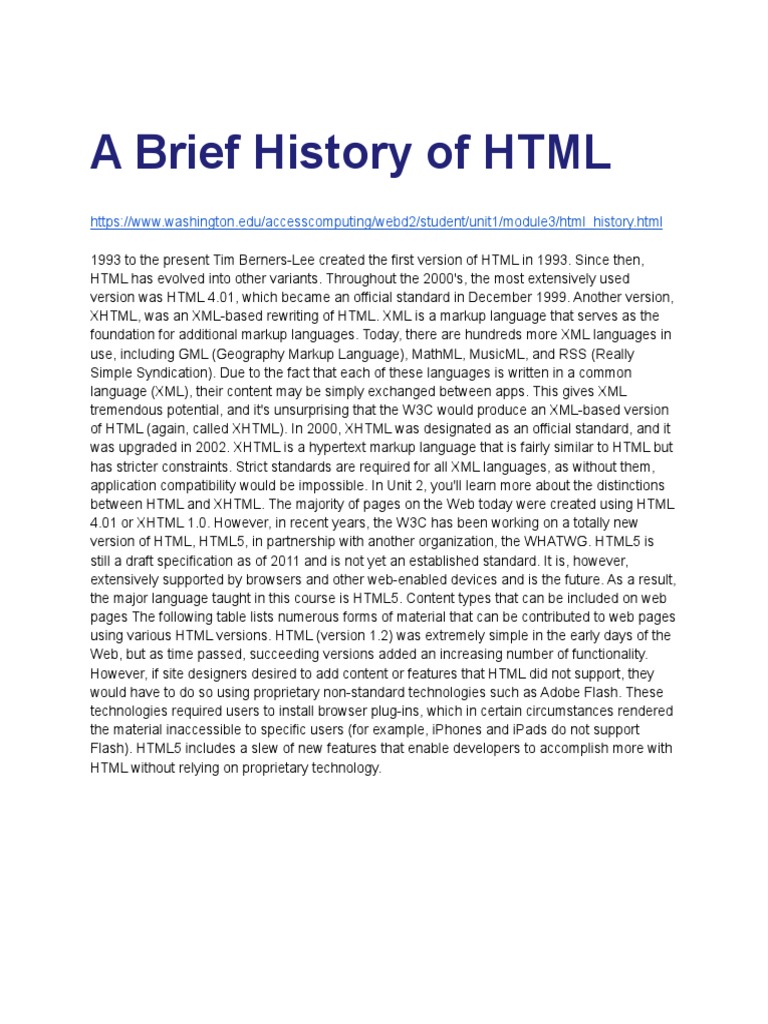 A Brief History of HTML | PDF | Html | Xhtml