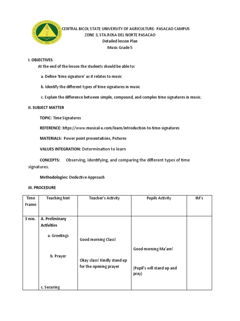 Maam KM Lesson Plan Demo Teaching Time Signatures | PDF | Poetics ...
