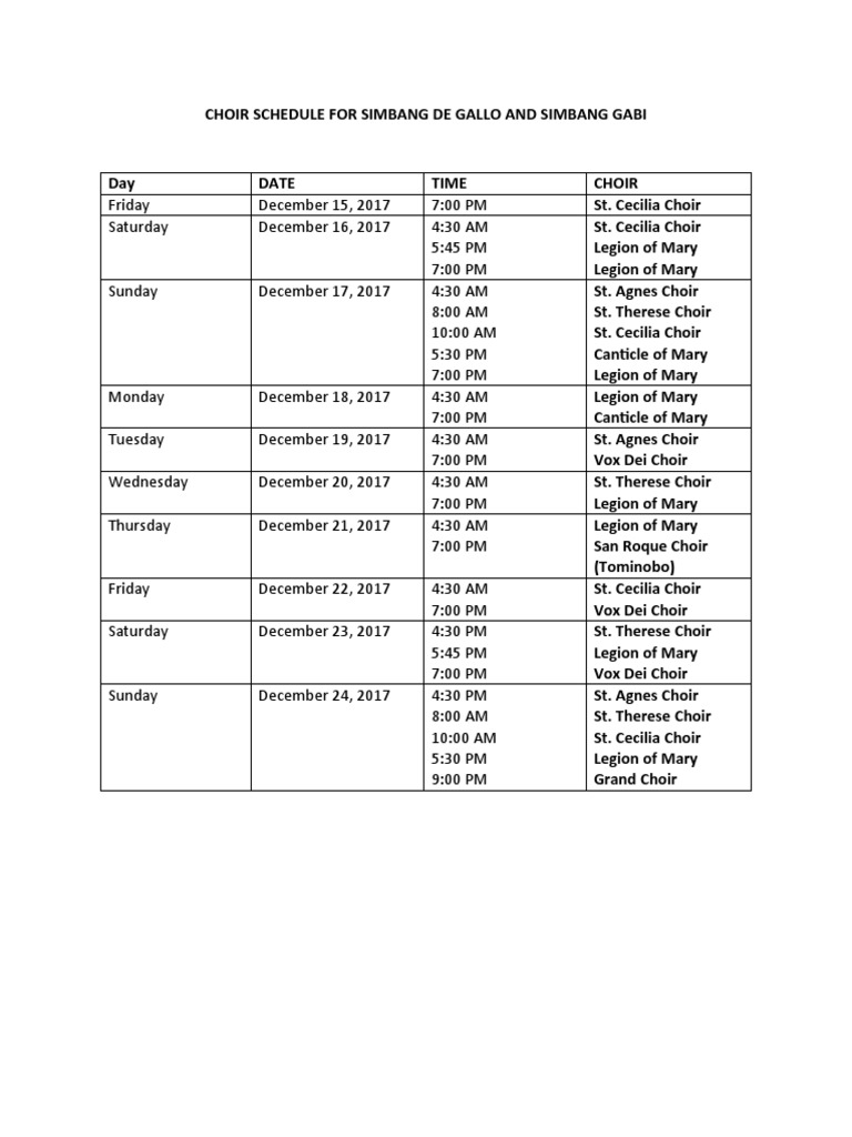 Simbang Gabi Choir Schedule | PDF