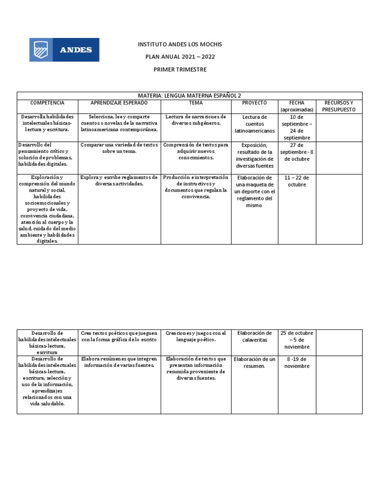 Plan Anual Segundo Grado Español 2021 - 2022 | PDF | Lengua española | Cómics