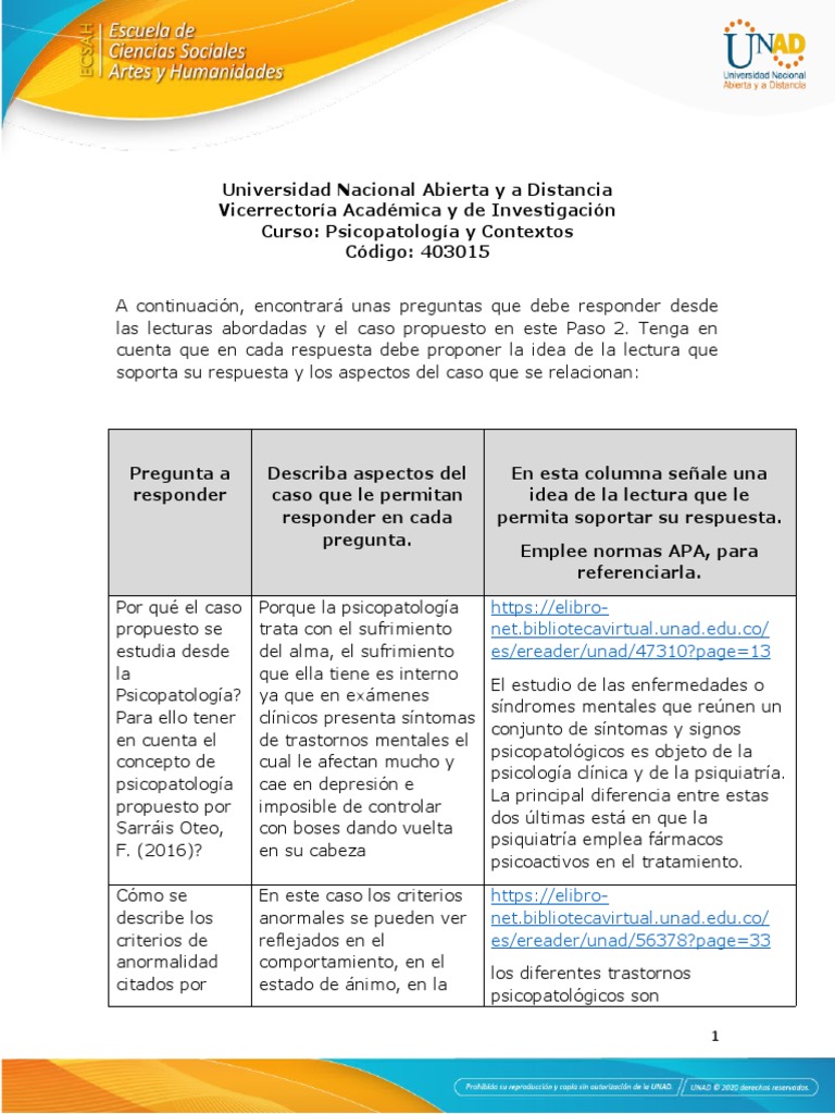 Anexo 1 - Matriz Estudio de Caso - Paso 2 | PDF | Psicopatología | Trastorno mental
