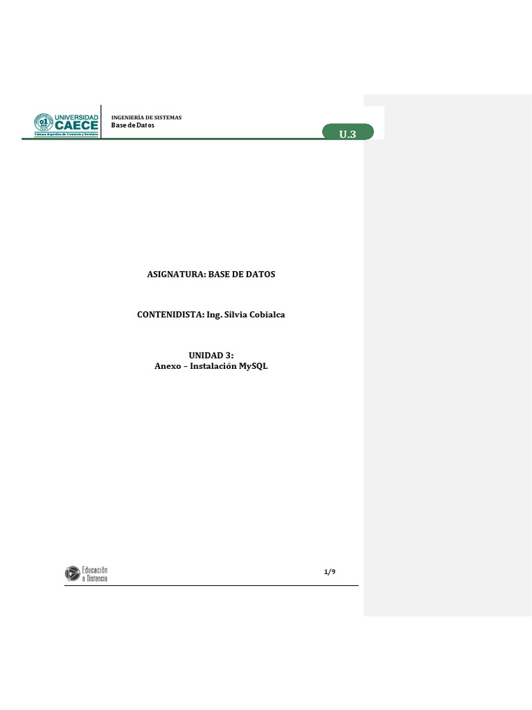Base de Datos I - Unidad 3 - Anexo Instalación MySQL | PDF | Mi sql | SQL