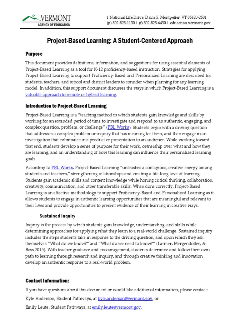 Project-Based Learning: A Student-Centered Approach: Purpose | PDF ...