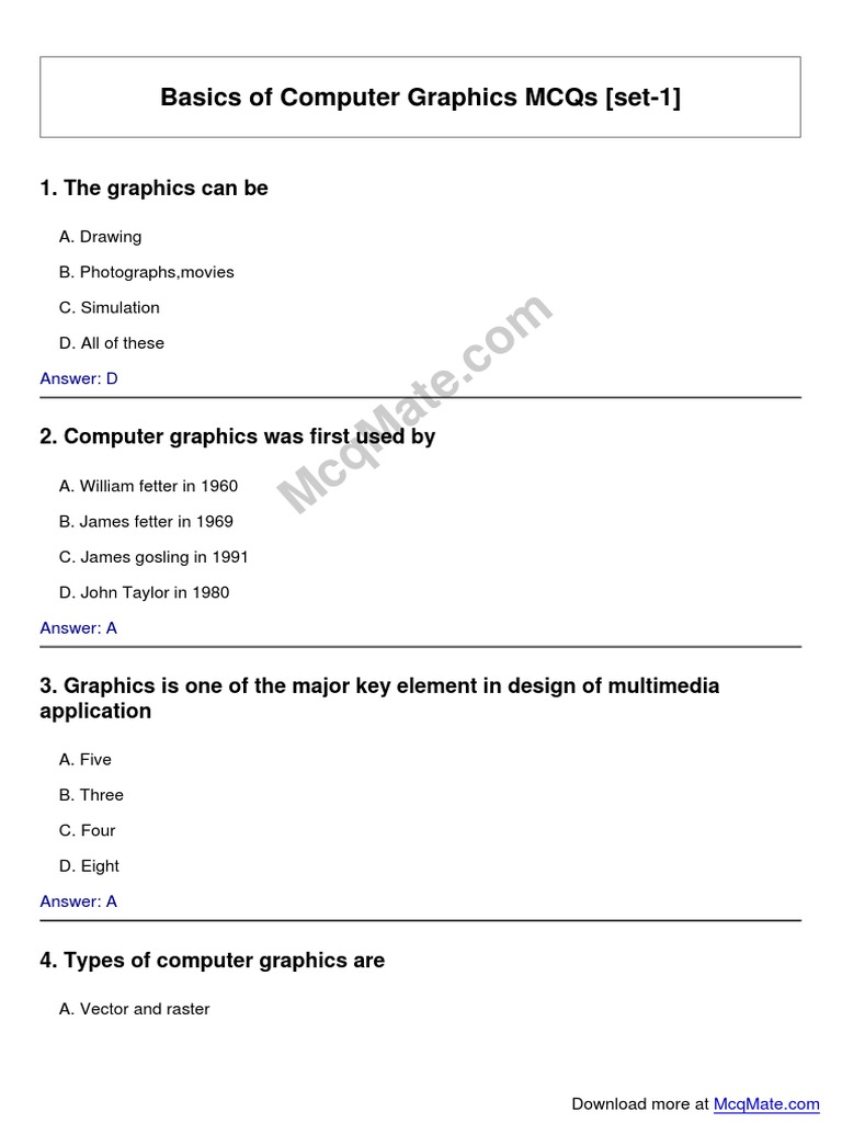 Basics of Computer Graphics Solved MCQs (Set-1) | PDF | Computer ... Basics of Computer Graphics Solved MCQs (Set-1) | PDF | Computer ...