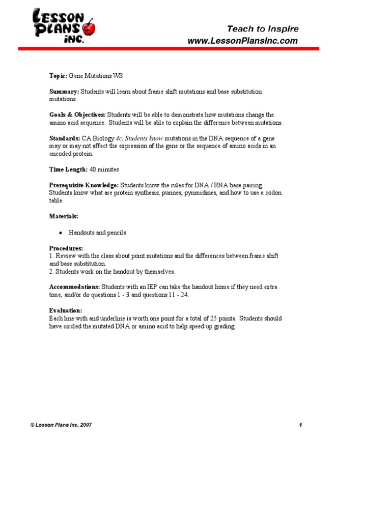 © Lesson Plans Inc. 2007 | PDF | Genetic Code | Point Mutation
