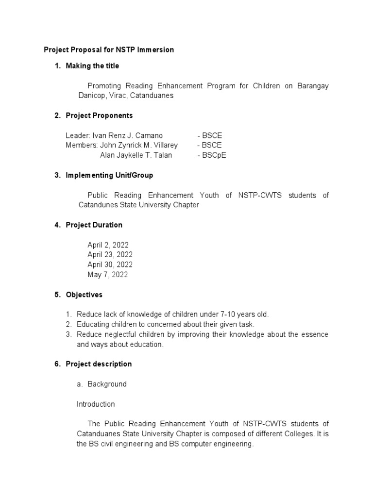 Project Proposal For NSTP 2 Immersion | PDF | Cognition