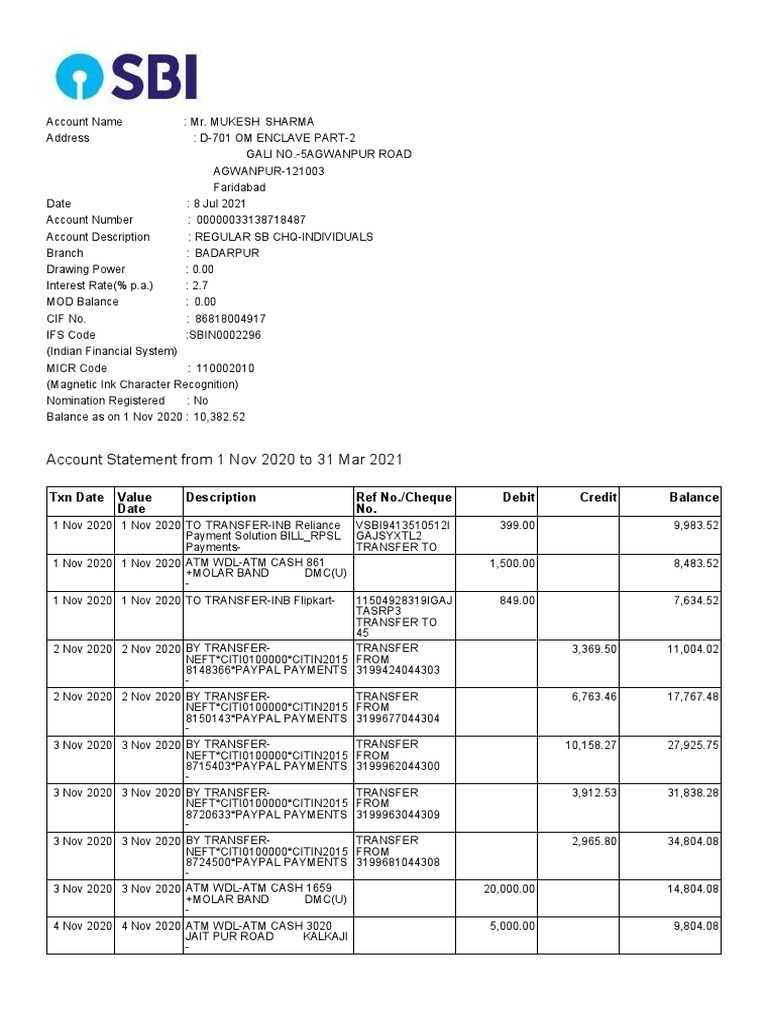 Account Statement From 1 Nov 2020 To 31 Mar 2021 Txn Date Value Date Description Ref No Cheque