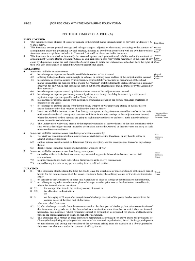 Institute Cargo Clause A 1982 | PDF | Insurance | Common Law