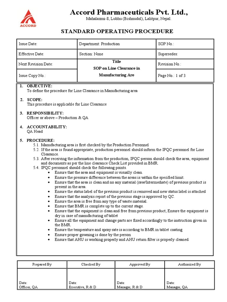 SOP of Line Clearance of Manufacturing Area | PDF | Chemistry | Tablet ...