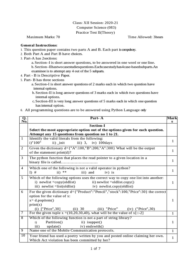 Practice Qp Cs Class Xii Set Ii Download Free Pdf Table Database 5115