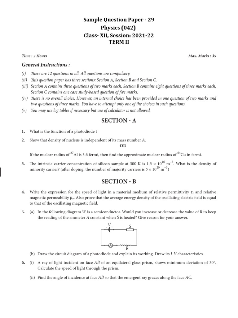 General Instructions:: Sample Question Paper - 29 Physics (042) Class-XII, Session: 2021-22 ...